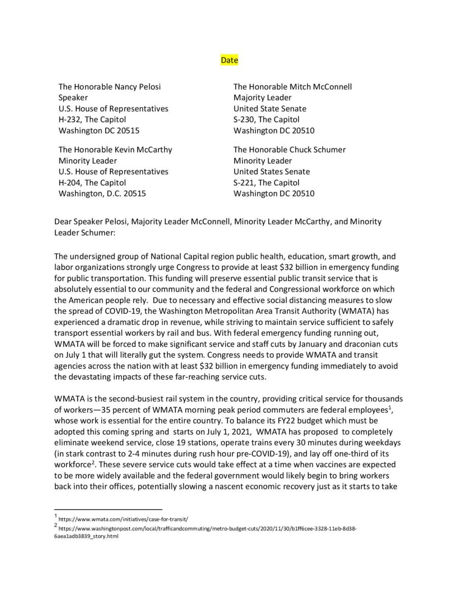 Sign-on Letter to Save WMATA - Coalition For Smarter Growth